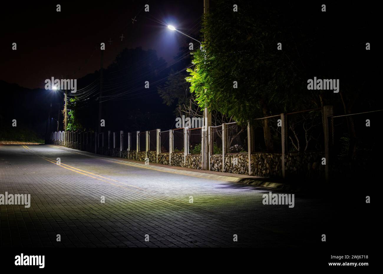 quiet road at night with street lights Stock Photo - Alamy