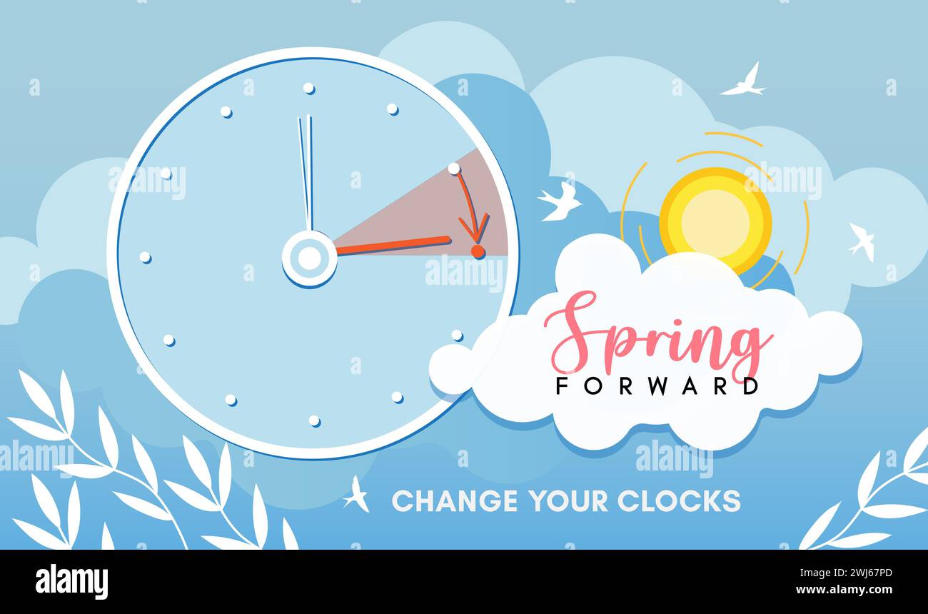 Daylight saving time concept with clock, clouds, and sun illustration. Spring Forward message on ...