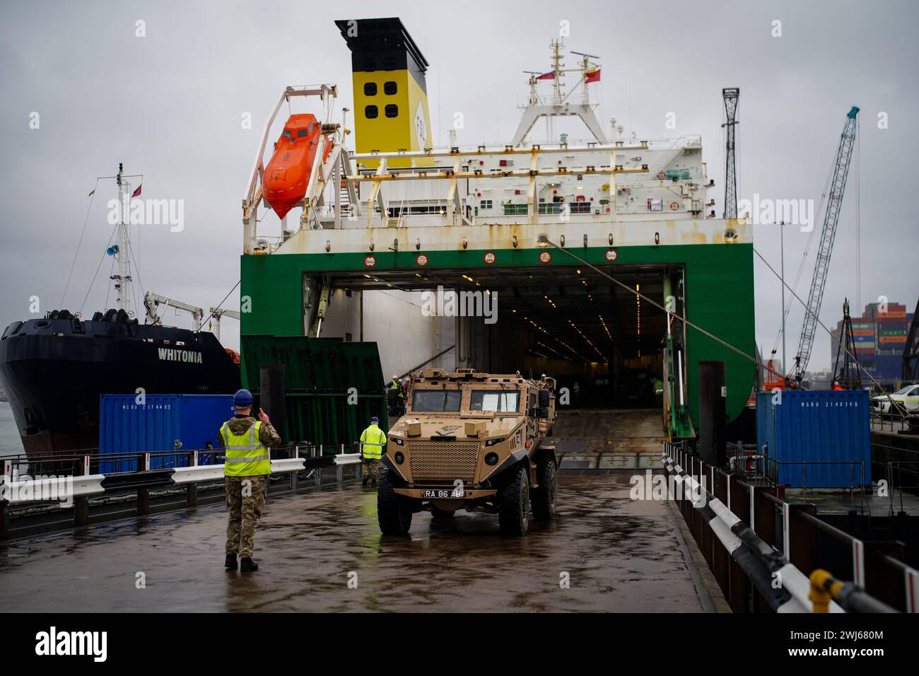 MV Anvil Point as vehicles and equipment are loaded onboard at the Sea ...