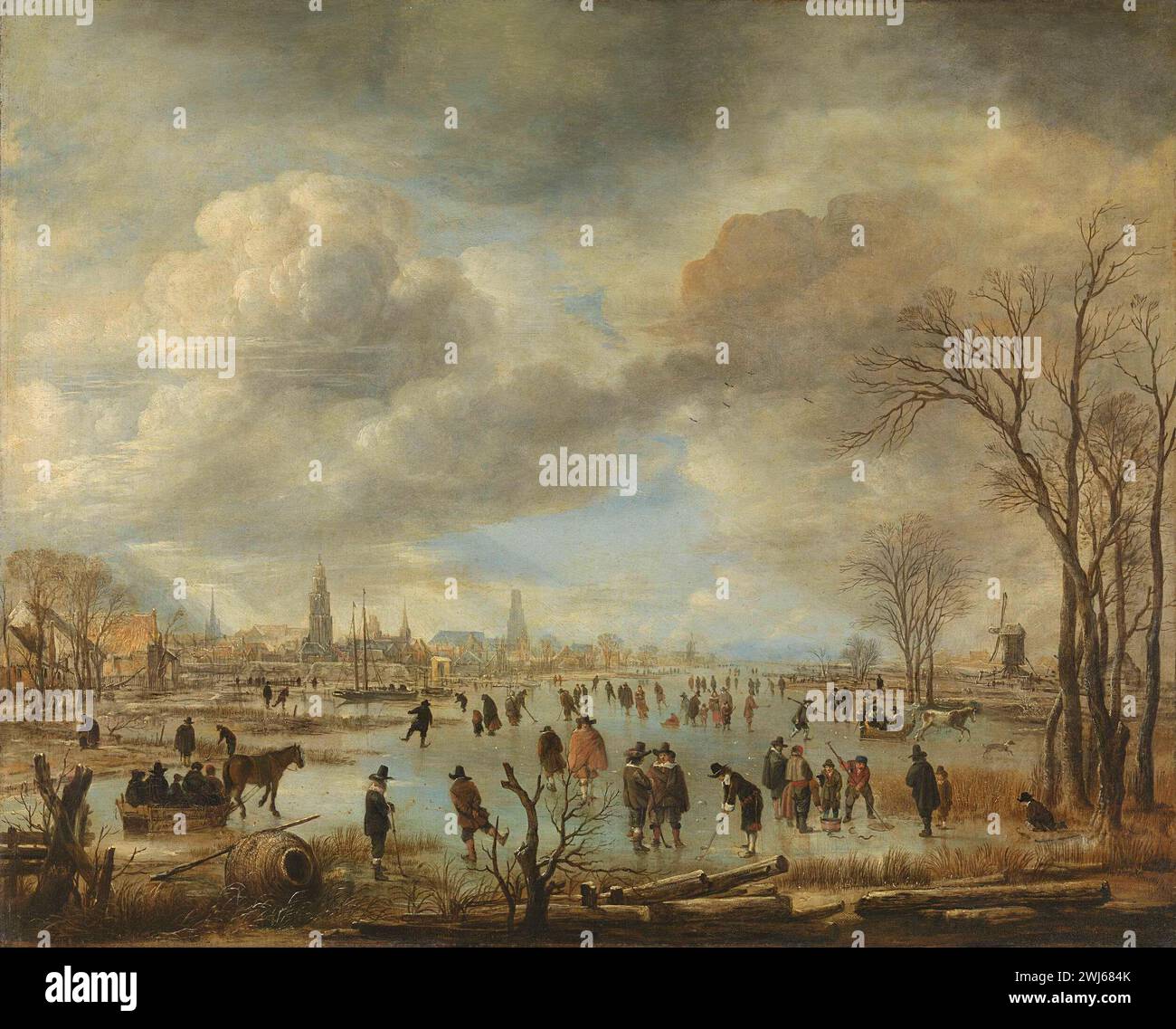 Winter Landscape near a Town with Kolf Players and Horse-Drawn Sleighs ...
