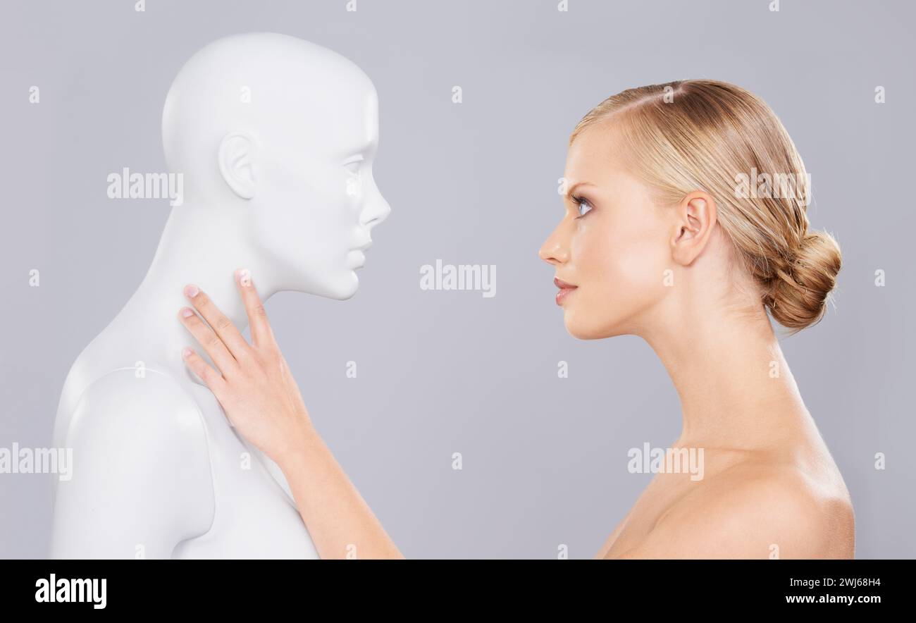 Studio, woman and mannequin with perfect beauty versus fake standard ...