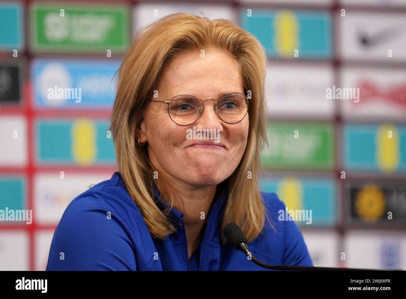 England manager Sarina Wiegman speaks to the media during the squad ...