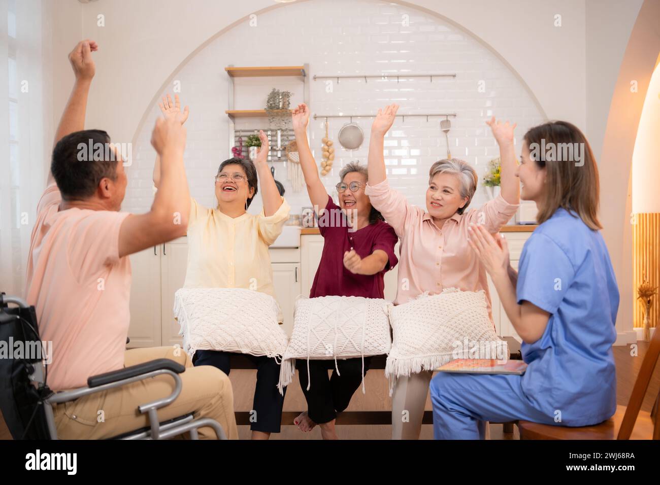 Group of elderly and senior man in wheelchair with nurse at nursing ...