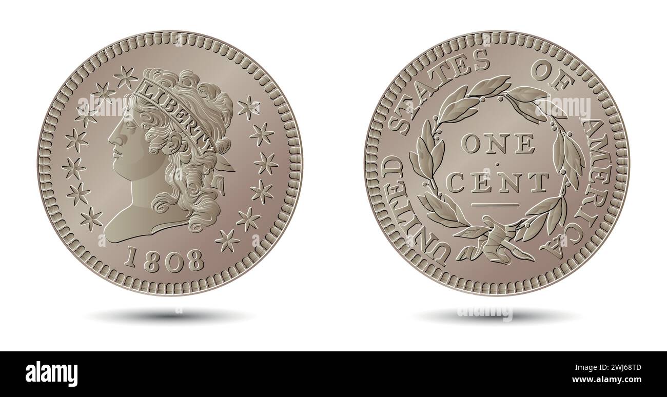 Vector American money, one cent coin, 1808-1814. Classic head large ...