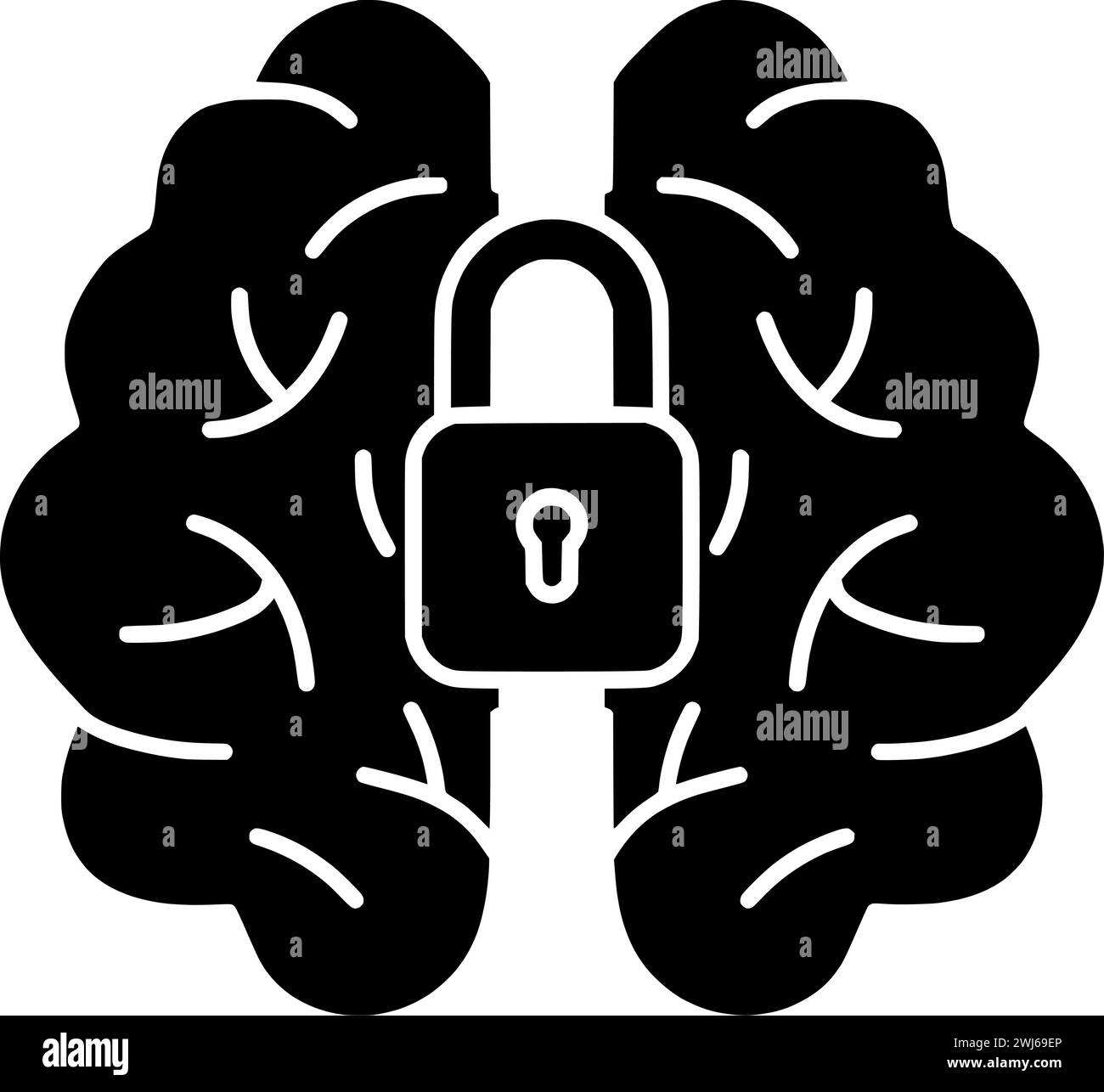 black key silhouette or flat lock illustration of brain logo think for ...