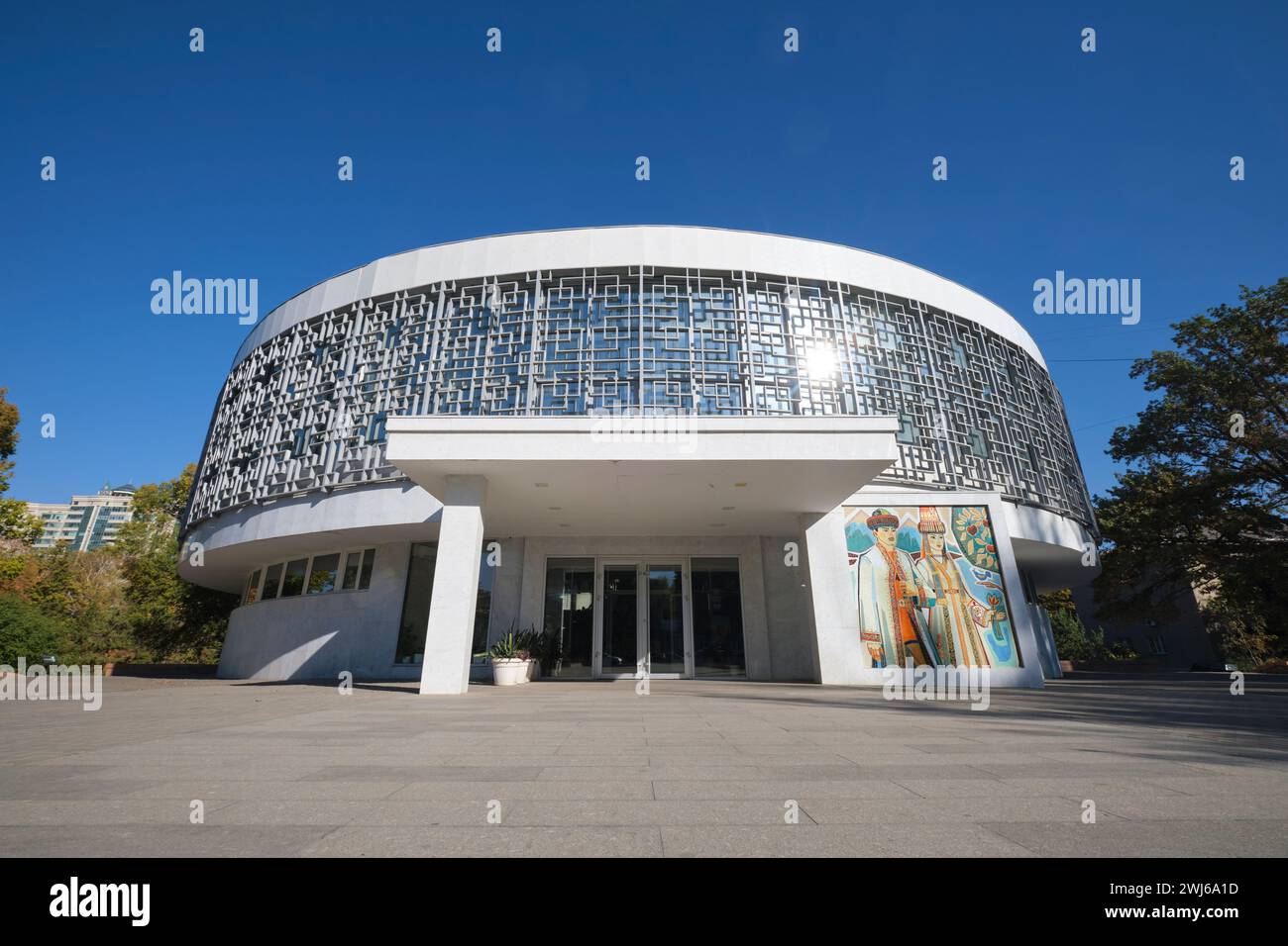 Exterior view of the circular, round Soviet era Socialist, Modernist ...