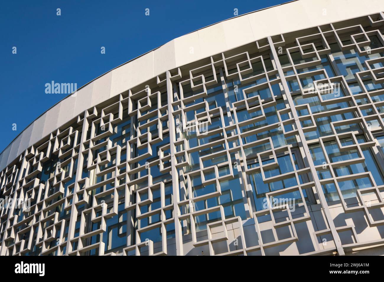 Metal mesh panel detail of the exterior view of the circular, round ...