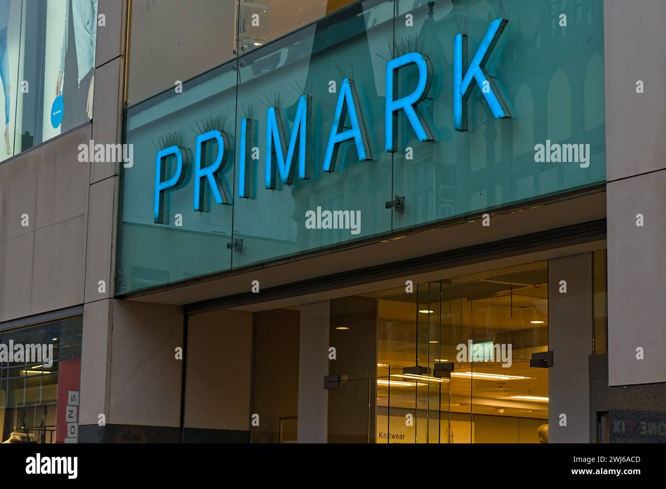 looking up at the Primark store sign on the High street in Lincoln ...