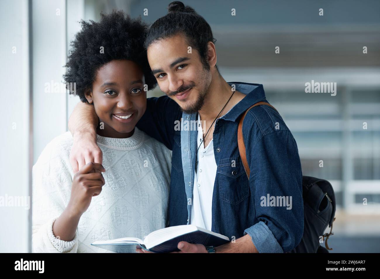 University, friends and hug in happy portrait on campus with diversity ...