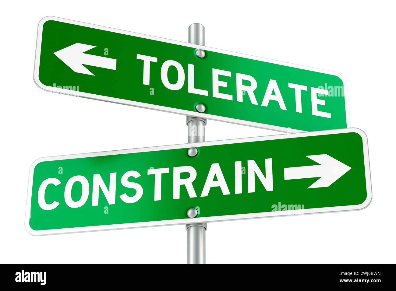 Tolerate or Constrain. Opposite traffic sign, 3D rendering isolated on ...