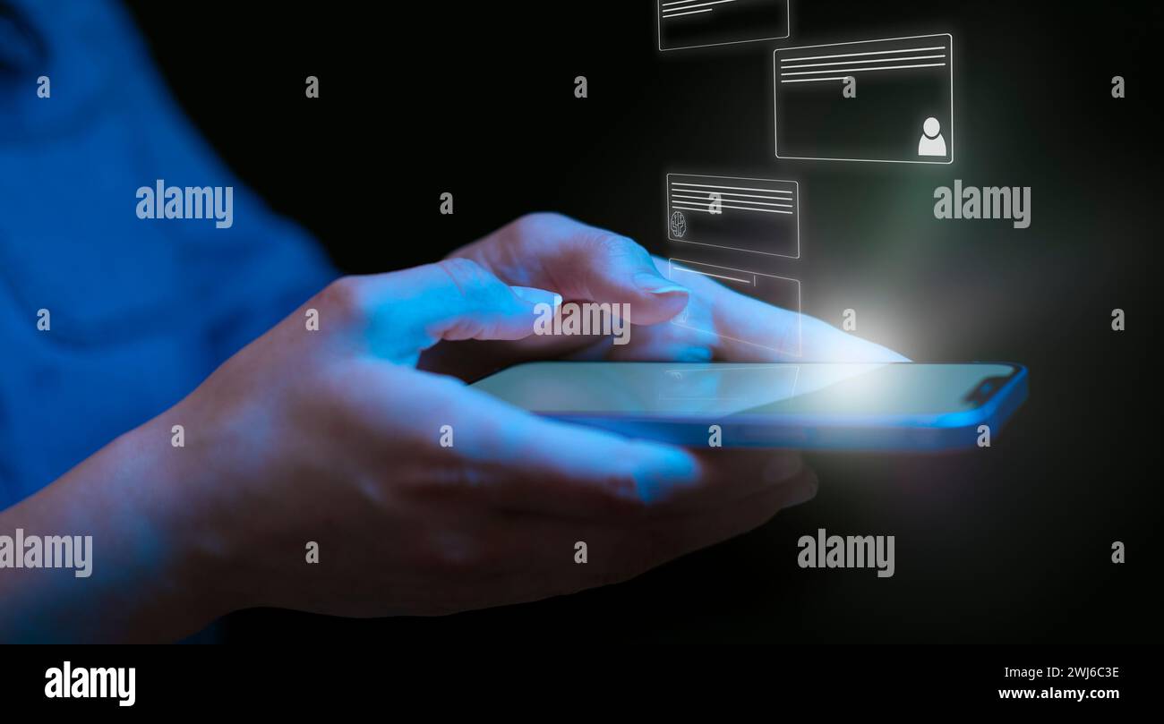 Computer AI Concept With Overlay Of Interface Projected Onto Screen Of Woman Using Mobile Phone ...