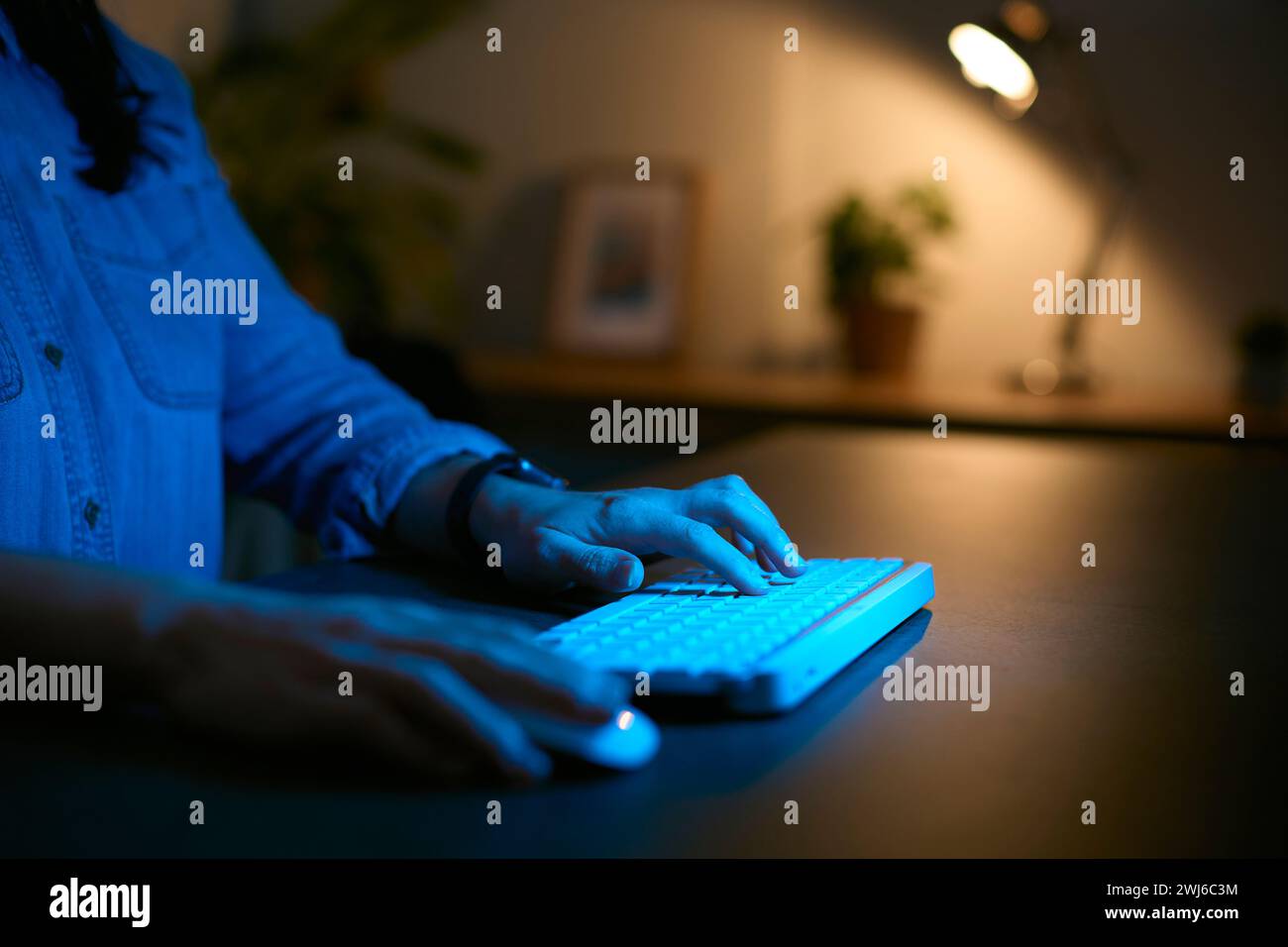 Close Up Of Woman Using Computer At Home At Night With Fingers Typing ...