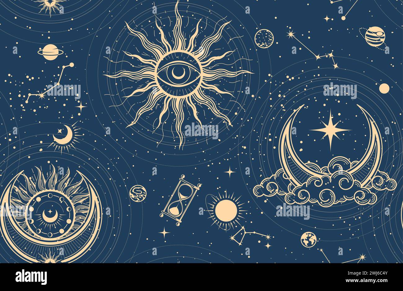Seamless mystic pattern with sun, moon and stars, cosmos background in ...