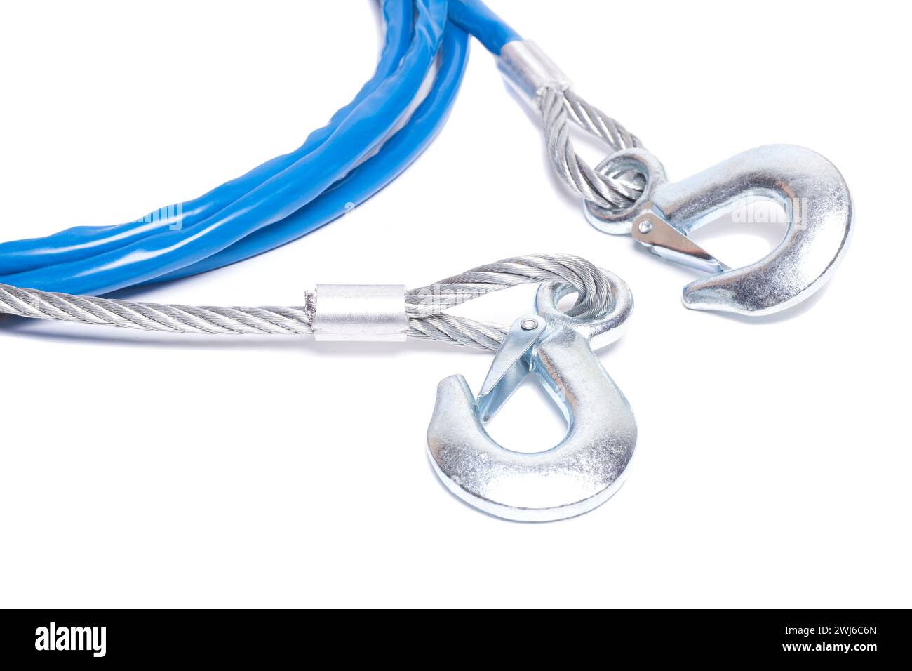 steel car tow rope with hooks in blue braid isolated on white ...