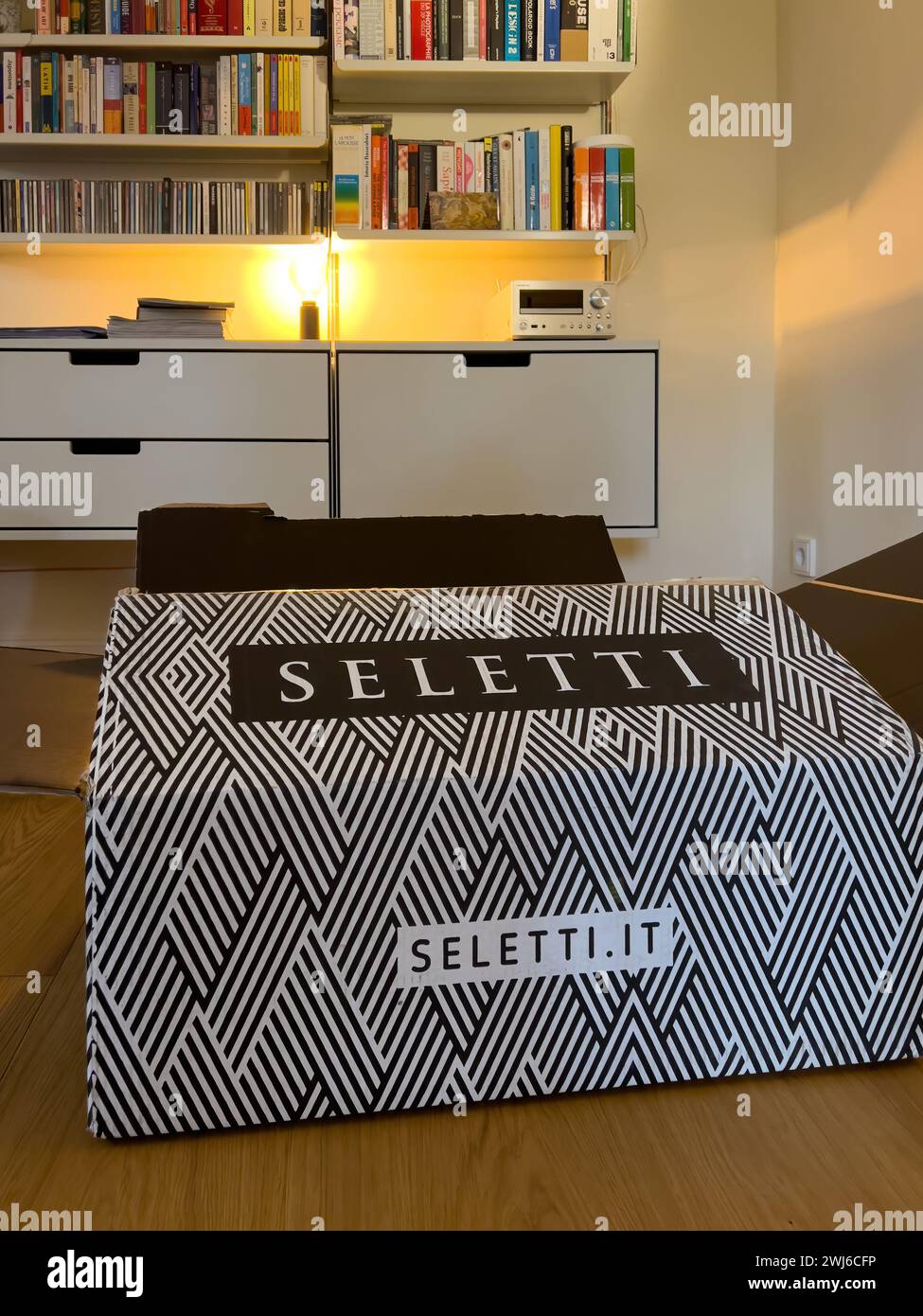 Paris, France - Feb 17, 2022: unpacking cardboard package with Seletti ...