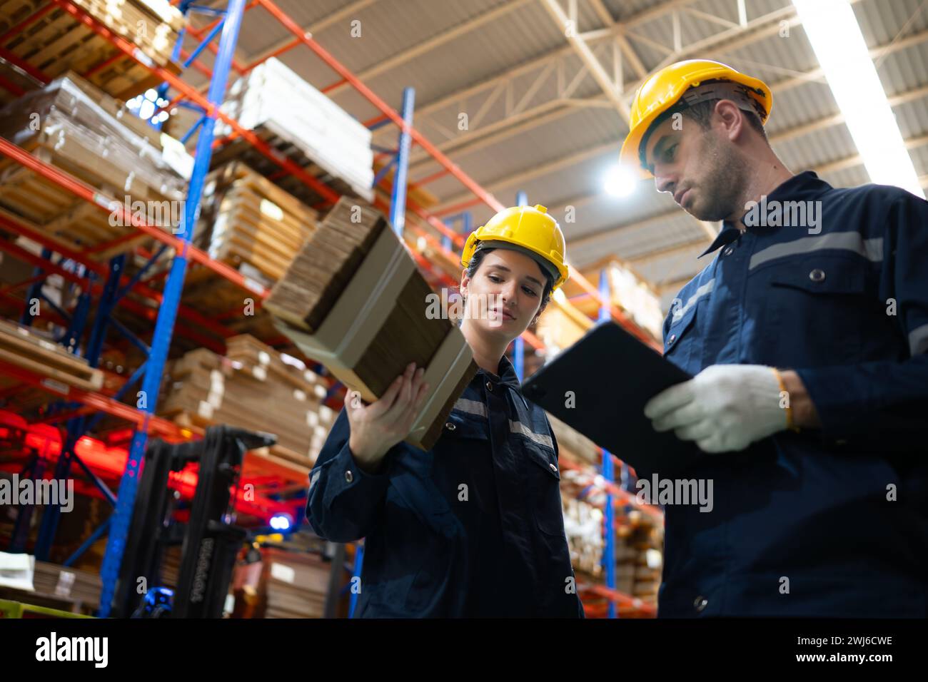 A young female warehouse worker checks and counting cardboard boxes in ...