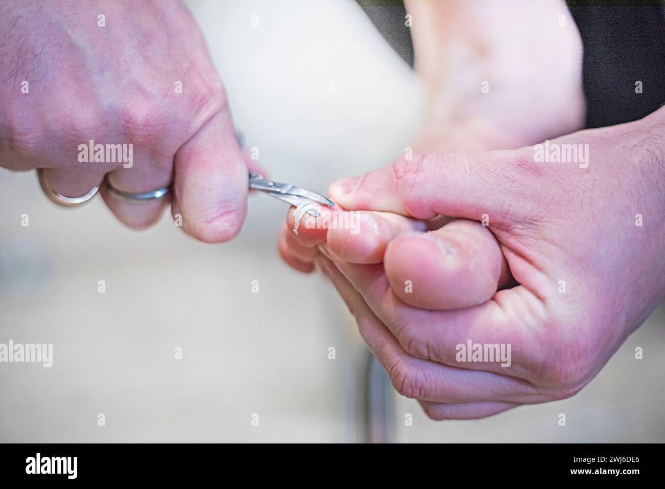 cut nails from men's feet with nail scissors at home. Foot and nail ...