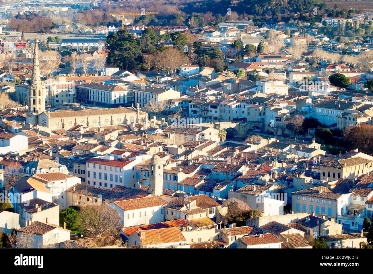 Limoux Aude France 02.13.24 Town roof top panorama Church and spire ...