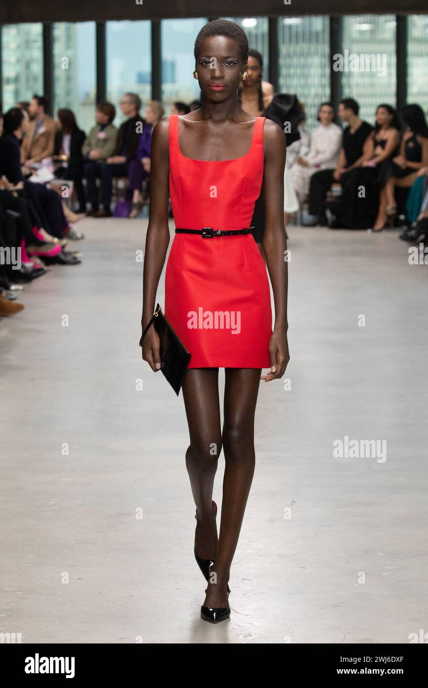 New York, USA. 12th Feb, 2024. Model Awar Odhiang walks on the runway ...