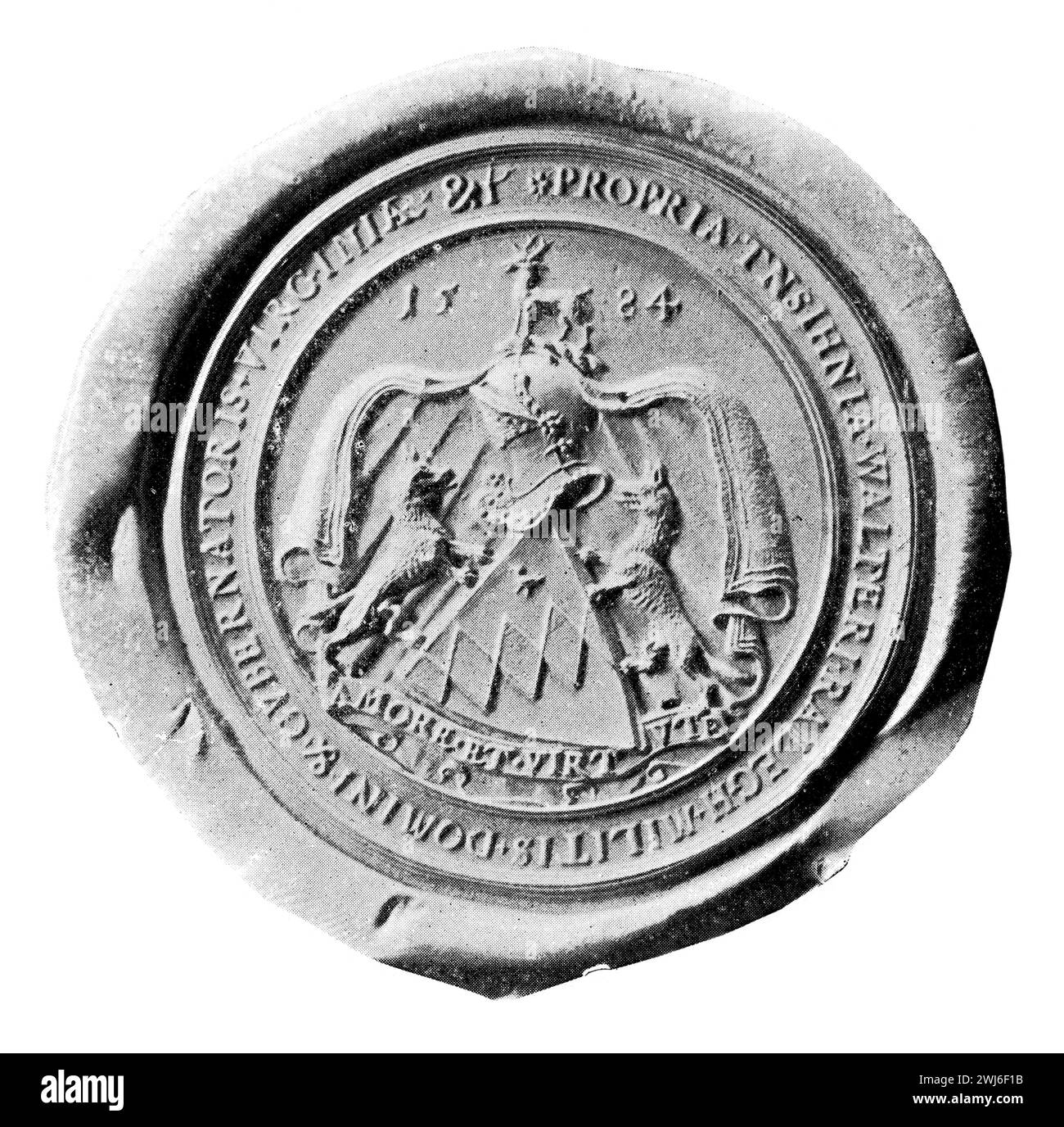 The Seal of Sir Walter Raleigh as Governor of Virginia, 1584. Black and ...