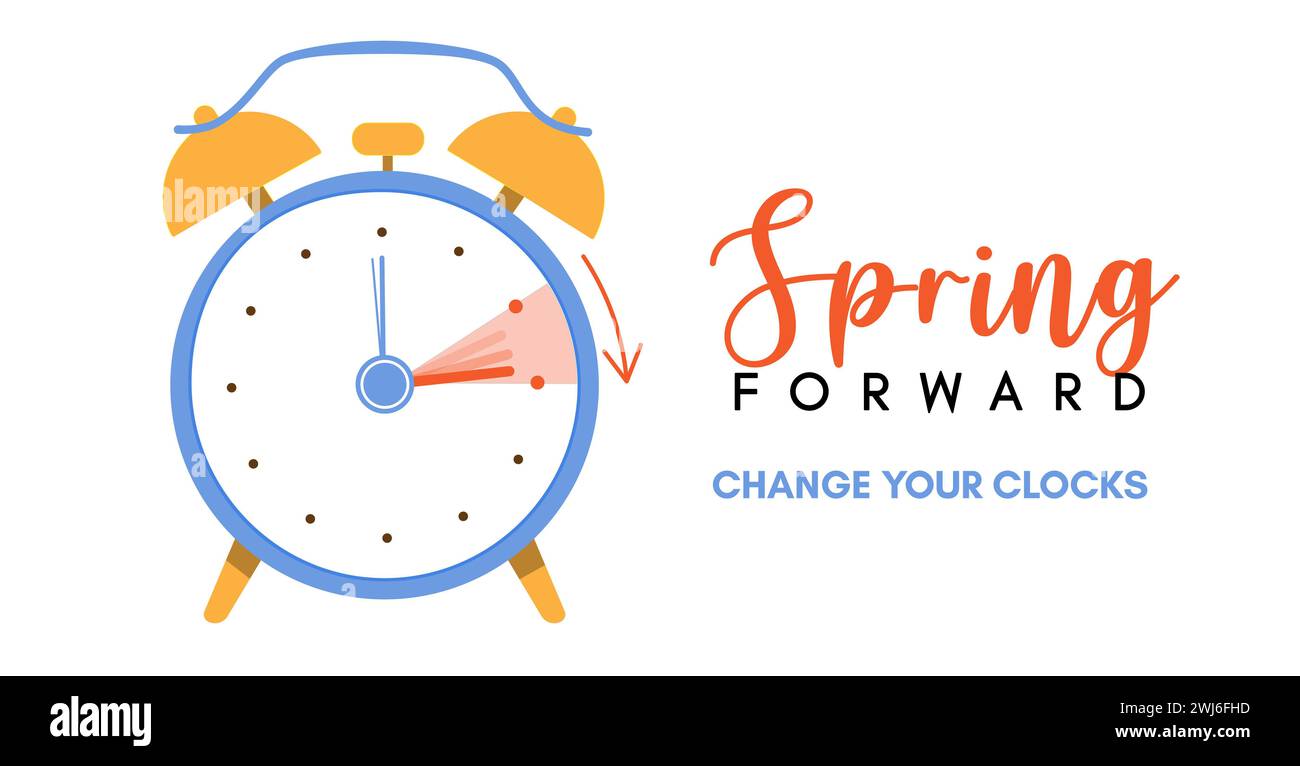 Spring Forward banner. Alarm clock set forward one hour. Daylight saving time concept with ...