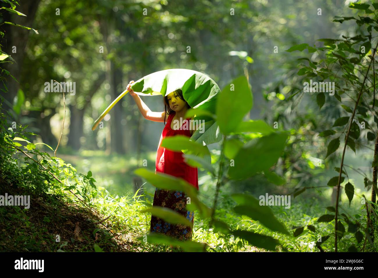 Little asian girl in red dress holding fishing equipment in the forest, Rural Thailand living ...