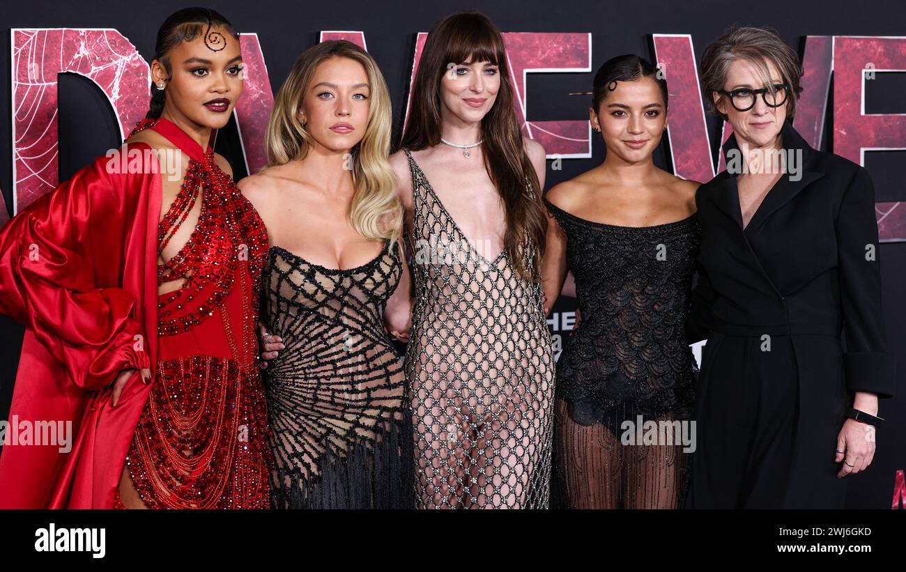 WESTWOOD, LOS ANGELES, CALIFORNIA, USA - FEBRUARY 12: Celeste O'Connor, Sydney Sweeney, Dakota ...