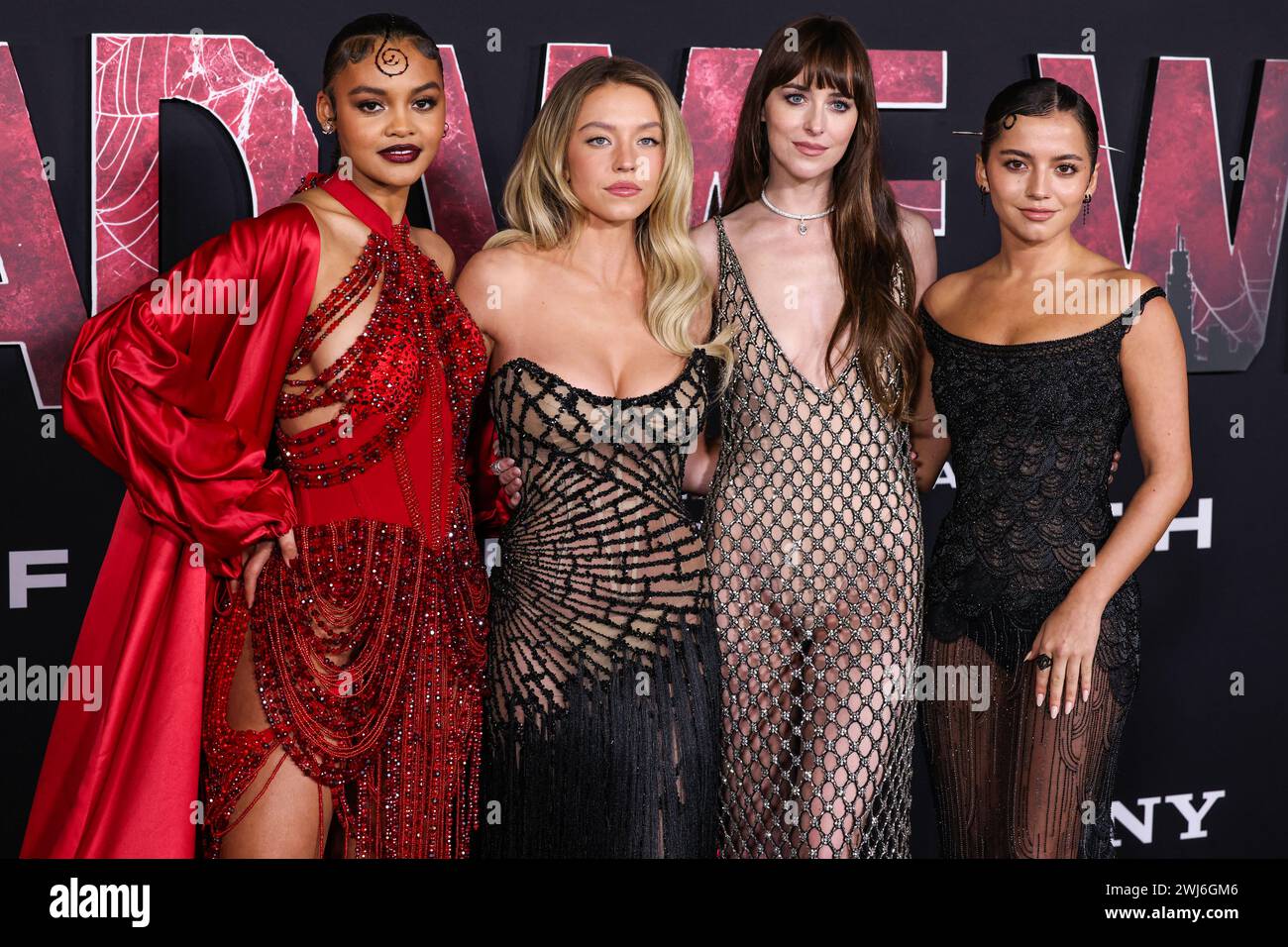 WESTWOOD, LOS ANGELES, CALIFORNIA, USA - FEBRUARY 12: Celeste O'Connor, Sydney Sweeney, Dakota ...