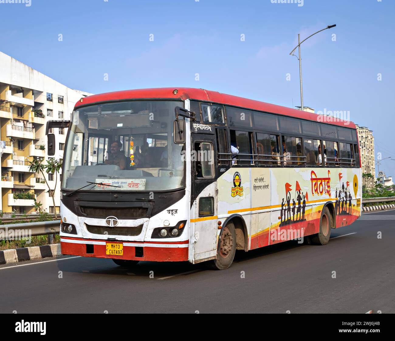 Pune , Maharashtra, India-November 14th, 2023: Newly designed , Maharashtra State transport bus ...