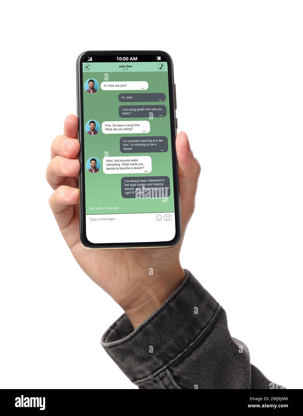 Man texting with friend using messaging application on smartphone ...