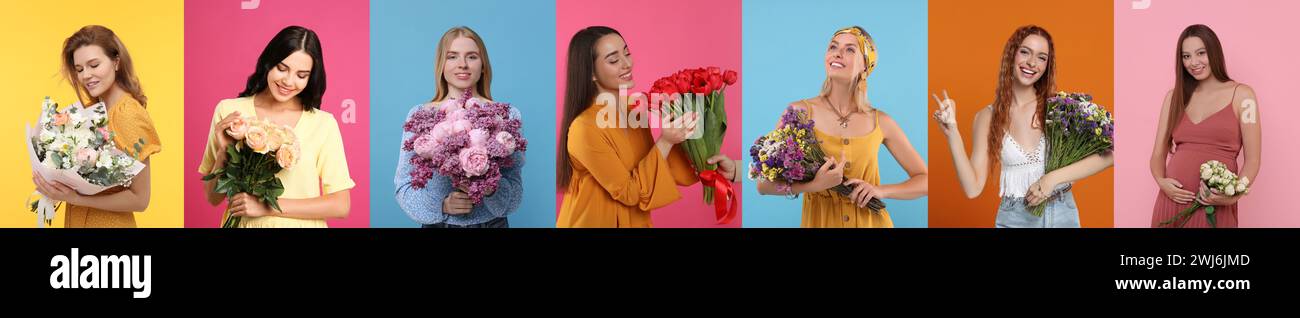 Charming ladies with beautiful flowers on different colors backgrounds ...