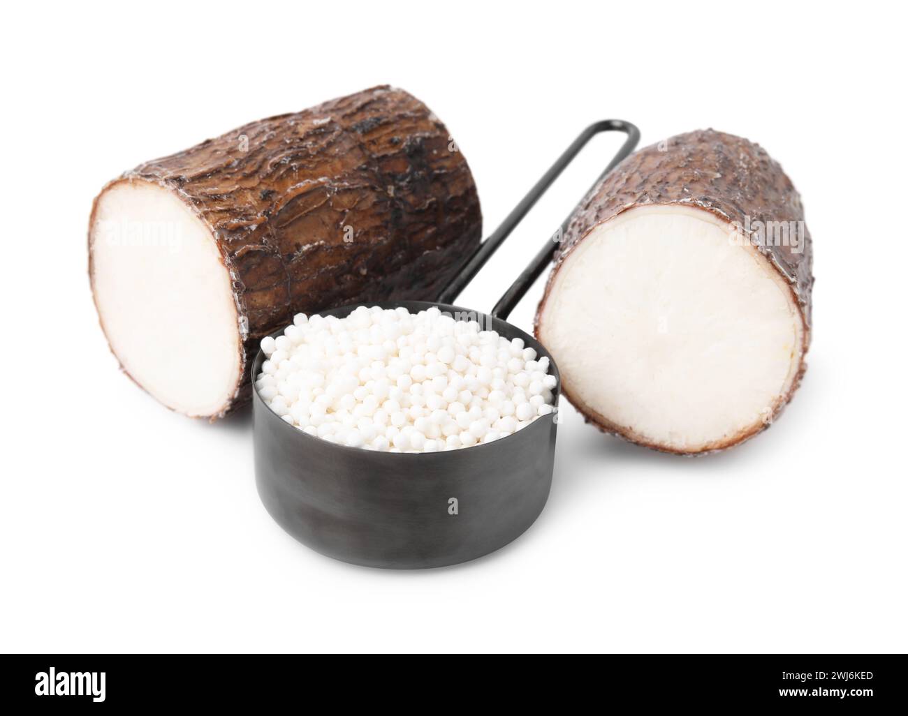 Scoop with tapioca pearls and cassava roots isolated on white Stock ...