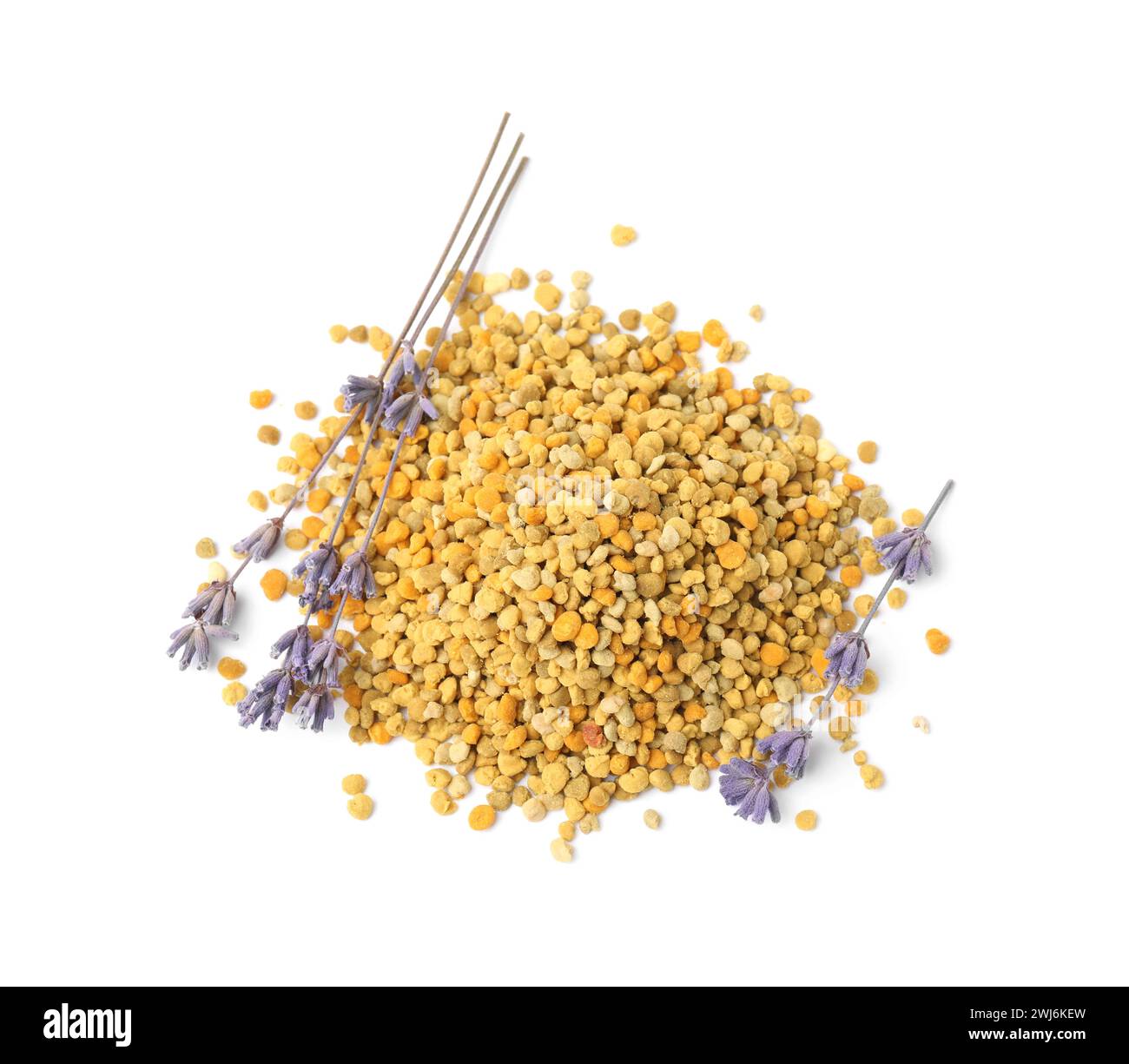 Pile of fresh bee pollen granules and lavender isolated on white, top ...