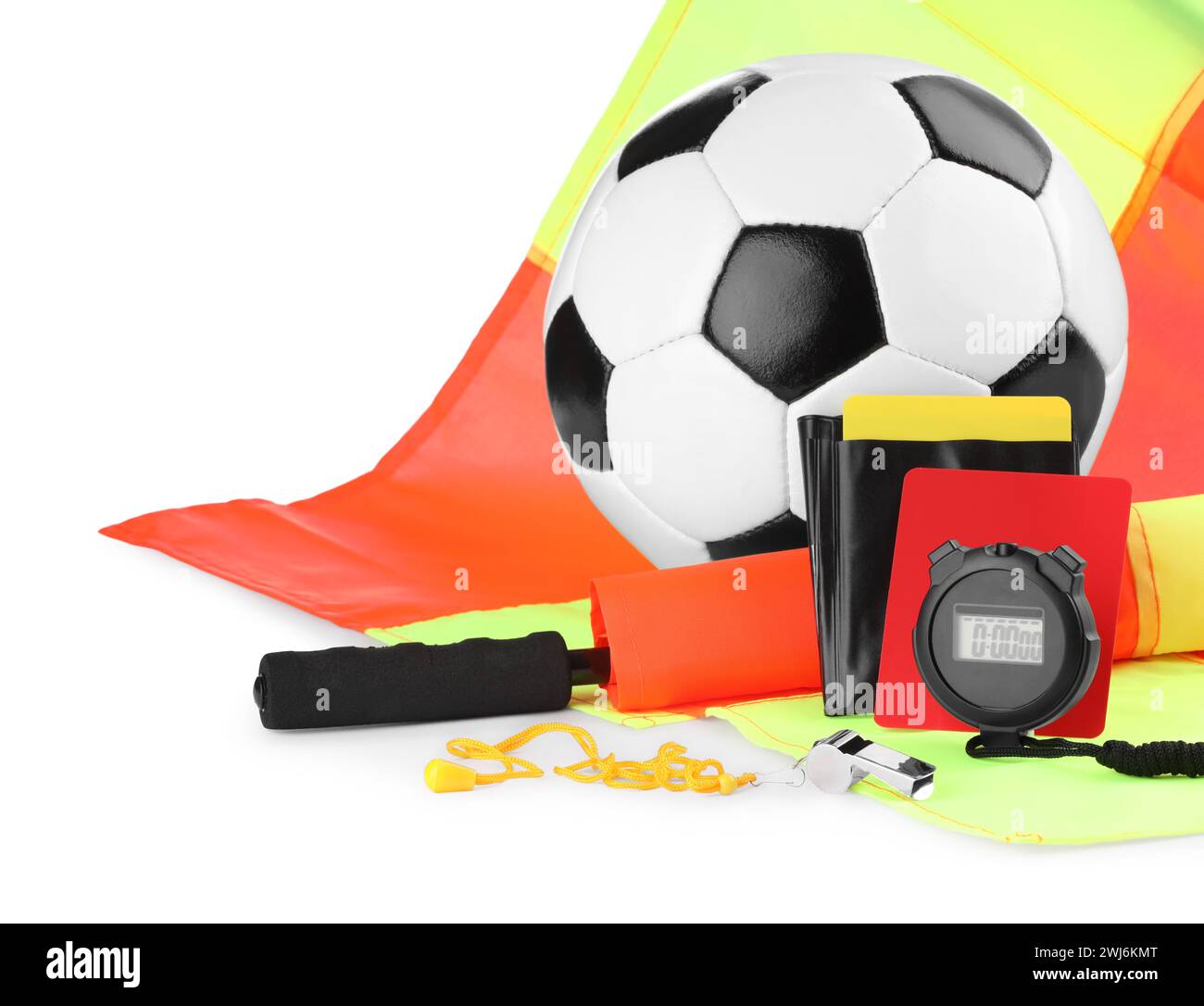 Football referee equipment. Soccer ball, flags, stopwatch, cards and ...