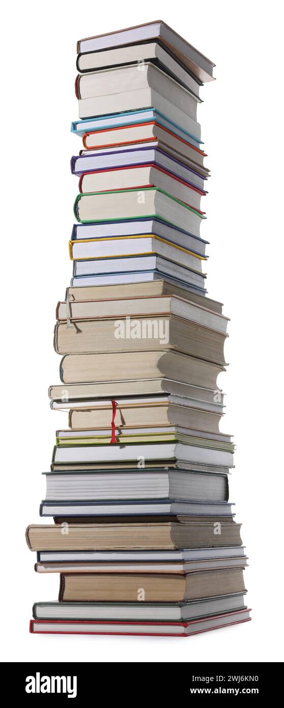 High stack of many different books isolated on white Stock Photo - Alamy