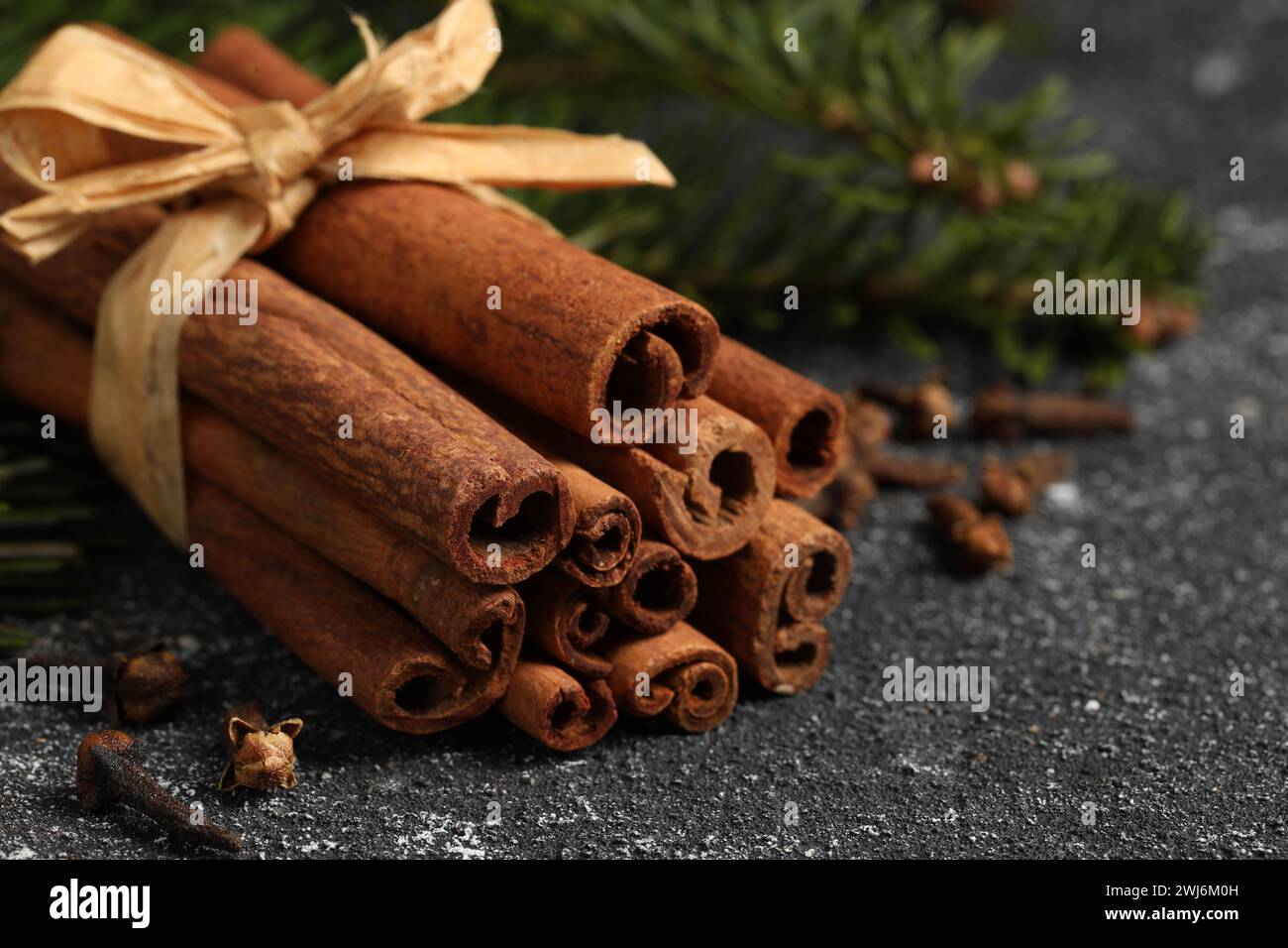 Different spices. Aromatic cinnamon sticks and clove seeds on dark gray ...