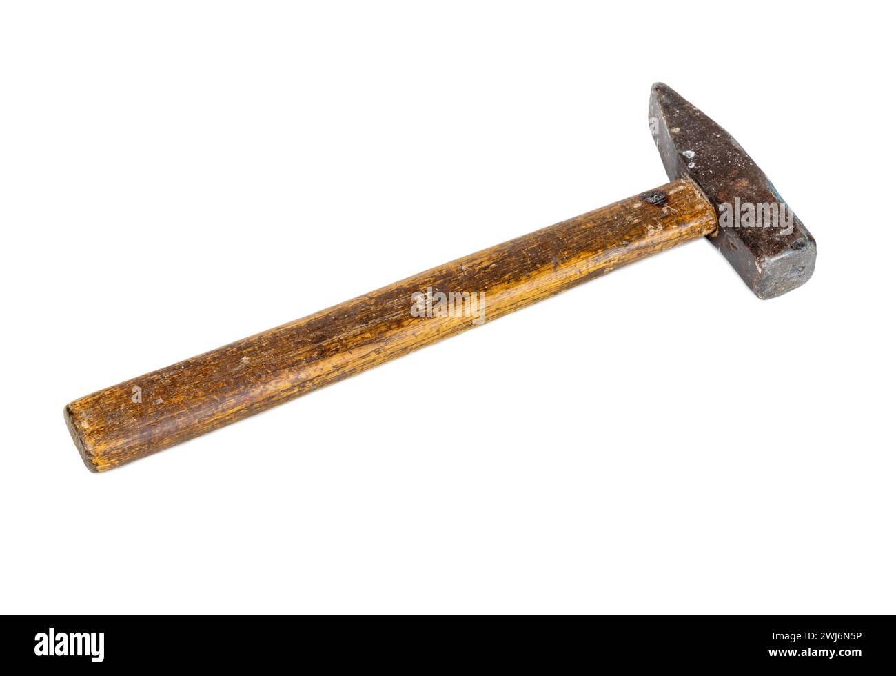 Used Tools. A metal hammer with claw head. A worn marked wooden handle ...