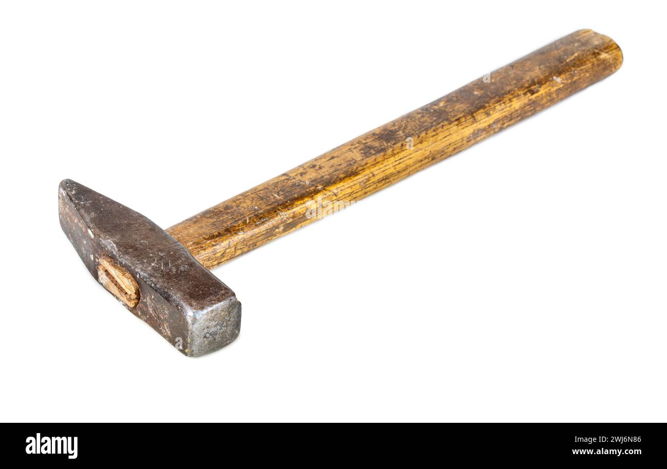 Used Tools. A metal hammer with claw head. A worn marked wooden handle ...