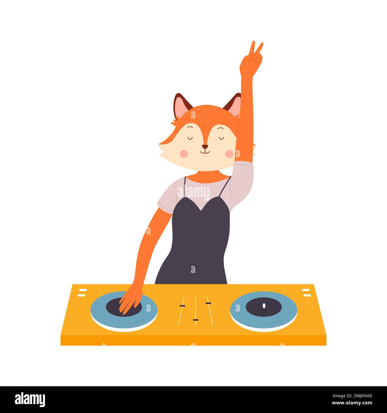 Cartoon funny dj fox standing at turntable, playing mixing electronic ...