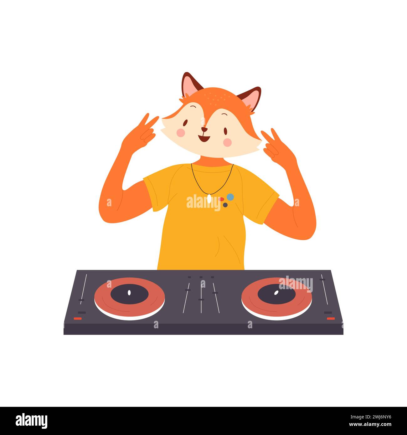 Cartoon funny dj fox standing at turntable, playing mixing electronic ...