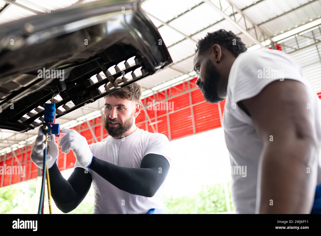 Car mechanic working in an auto repair shop, inspecting the operation ...