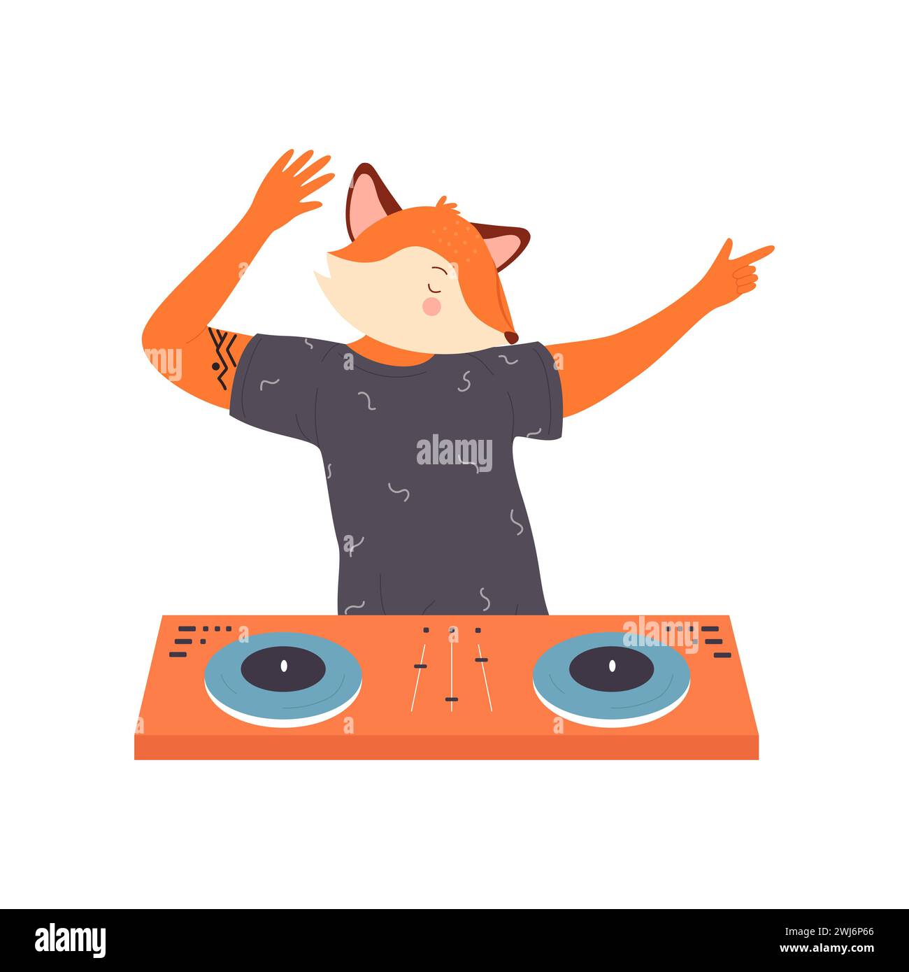 Cartoon funny dj fox standing at turntable, playing mixing electronic ...