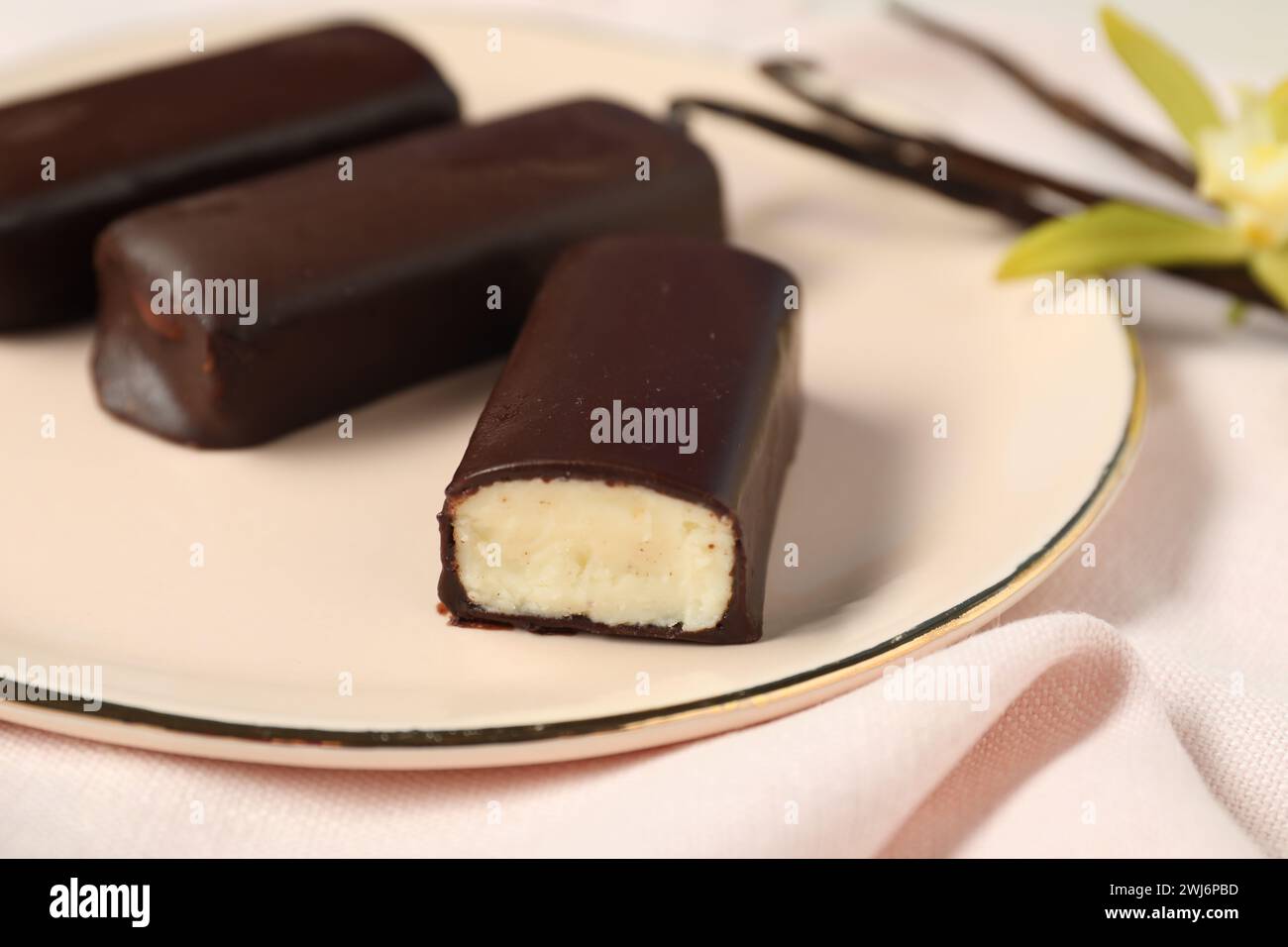 Glazed vanilla curd cheese bars served on table, closeup Stock Photo ...