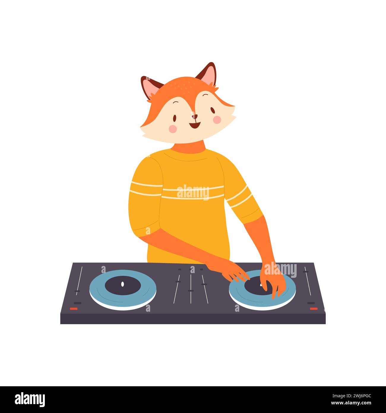 Cartoon funny dj fox standing at turntable, playing mixing electronic ...