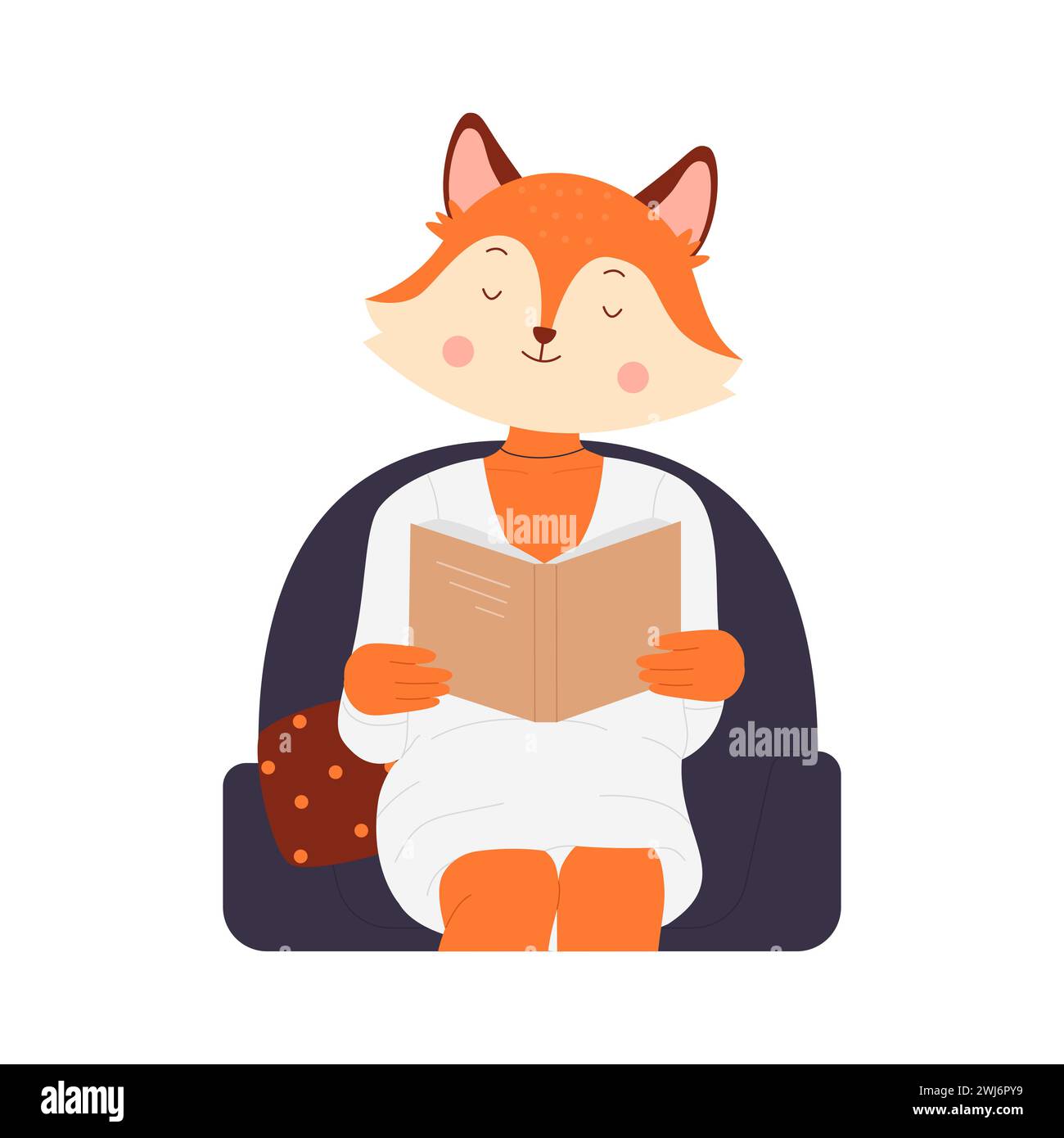 Cartoon funny fox booklover reading story book literature from library ...