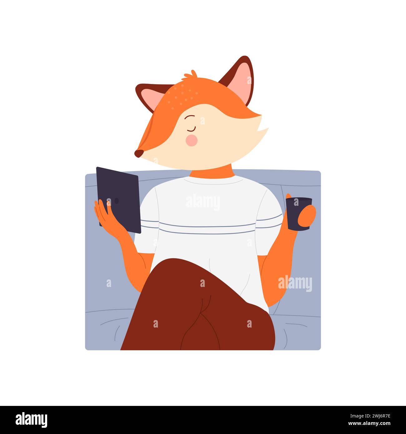 Cartoon funny fox booklover reading story electronic book isolated on ...