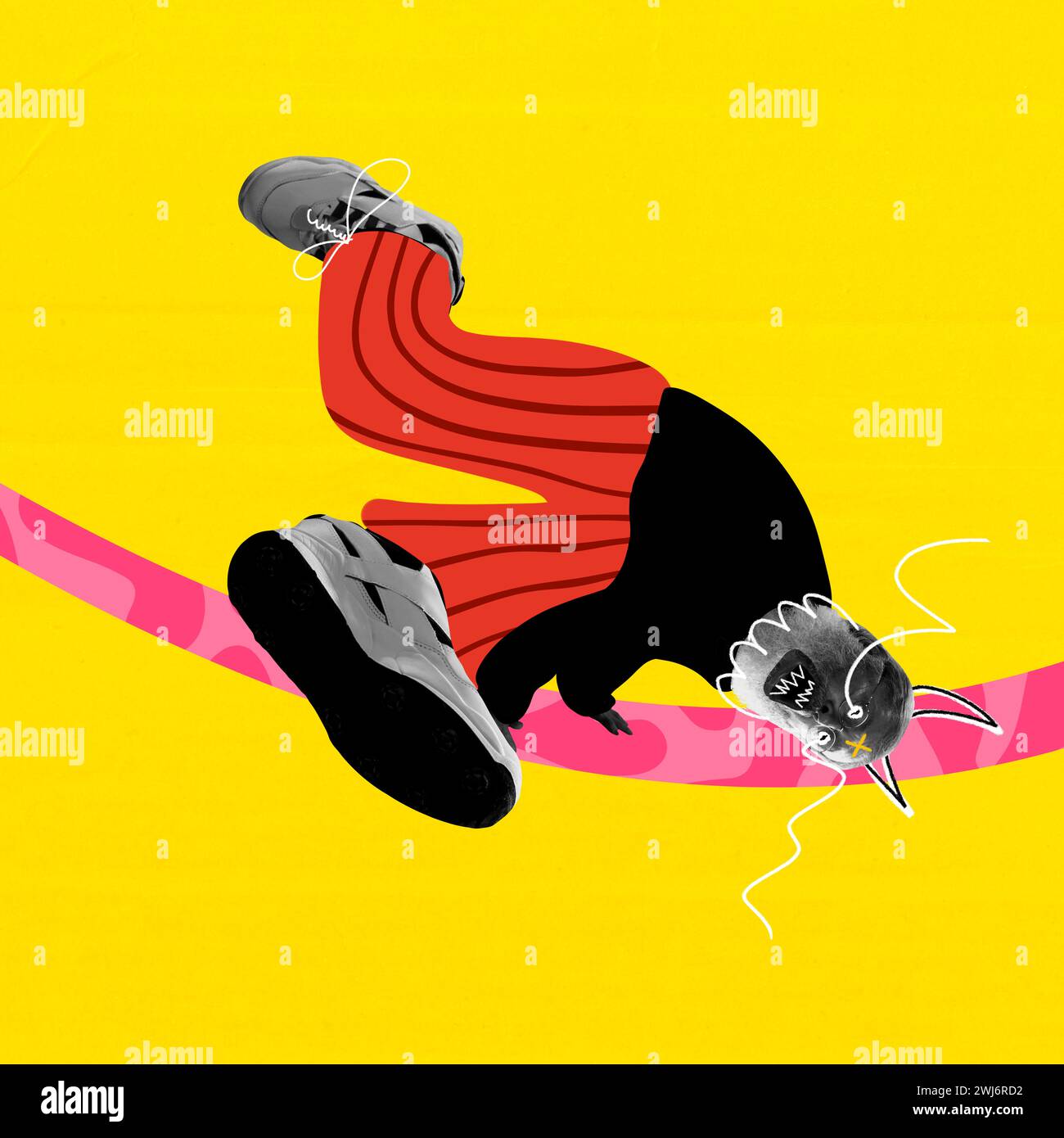Elderly person breakdancing upside down with stylish sneakers on yellow ...