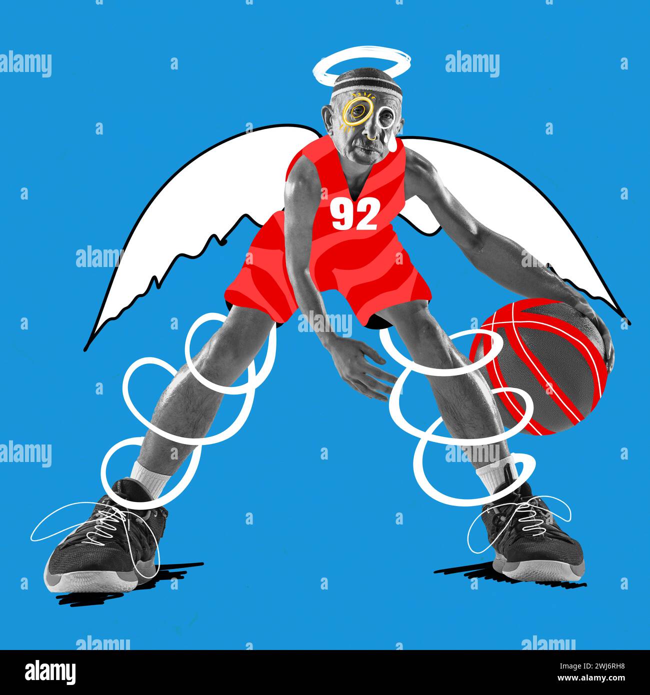 Elderly man in basketball uniform dribbling ball with angel wings and ...