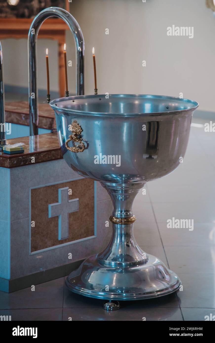 A baptismal font is a special baptismal vessel used in the Orthodox church tradition for the ...