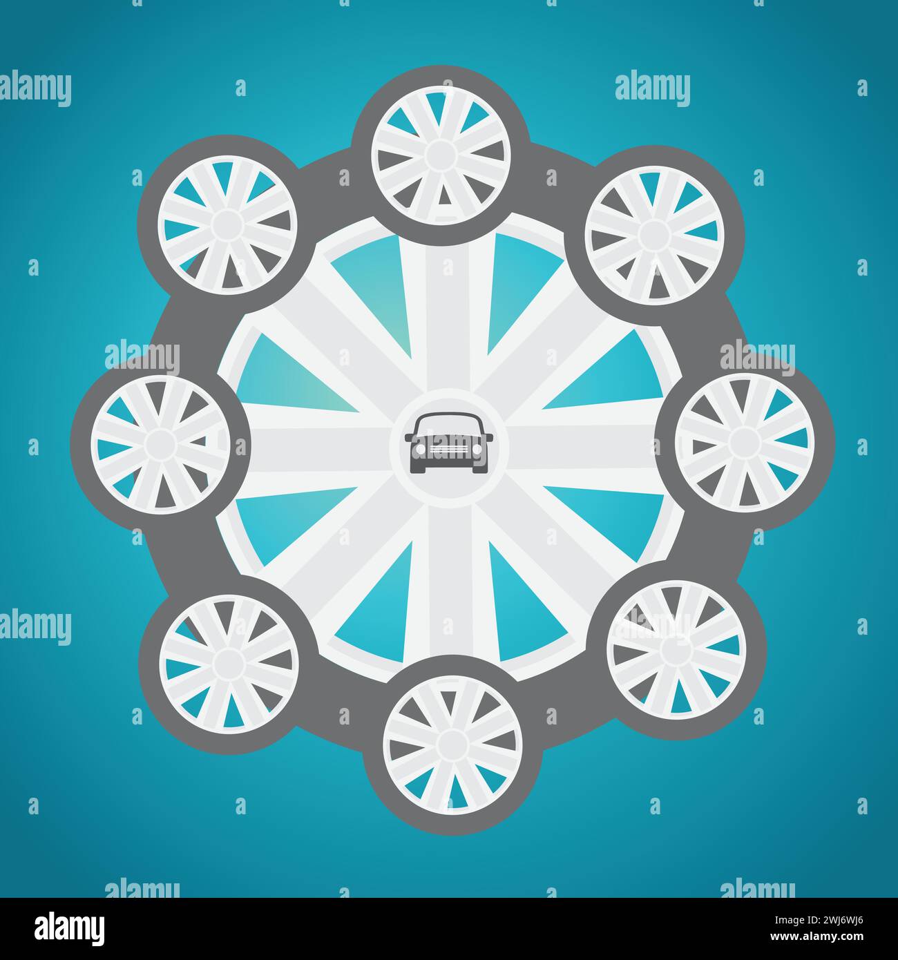 Car wheels arranged in shape of a ferris wheel with a car logo in the ...